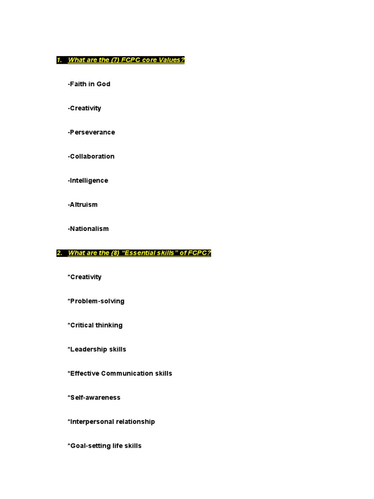 What Are The (7) FCPC Core Values? | PDF