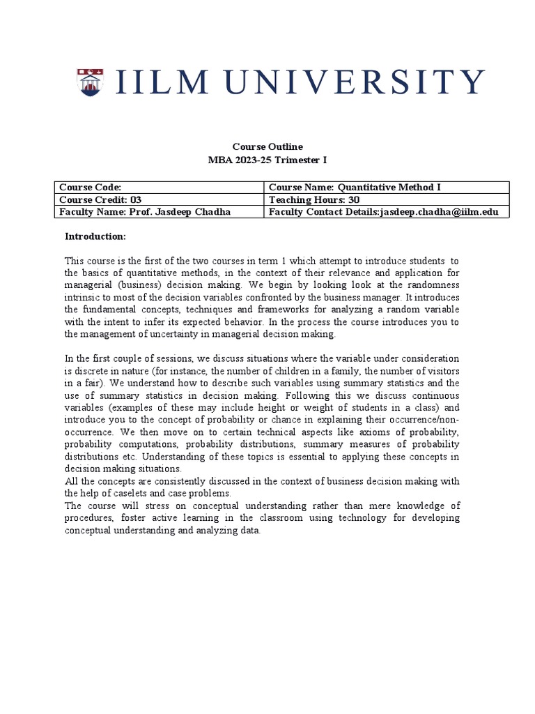 Final Course Outline QM I 2023-25 Format | PDF