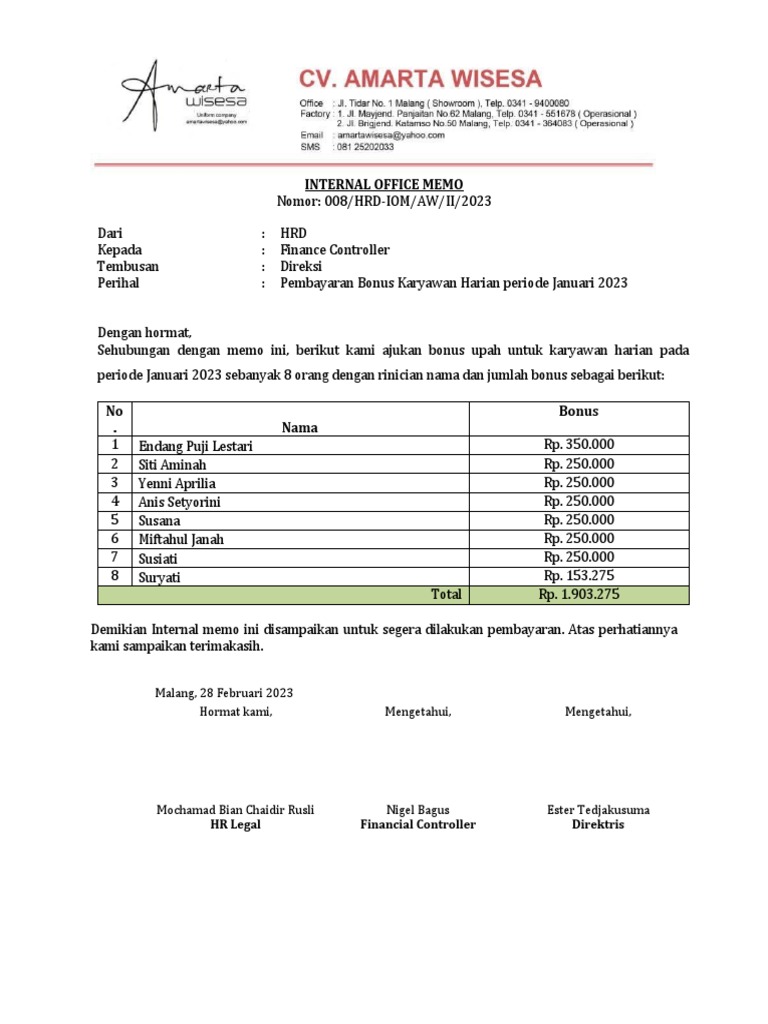 Pembayaran Bonus Karyawan Januari 2023 | PDF