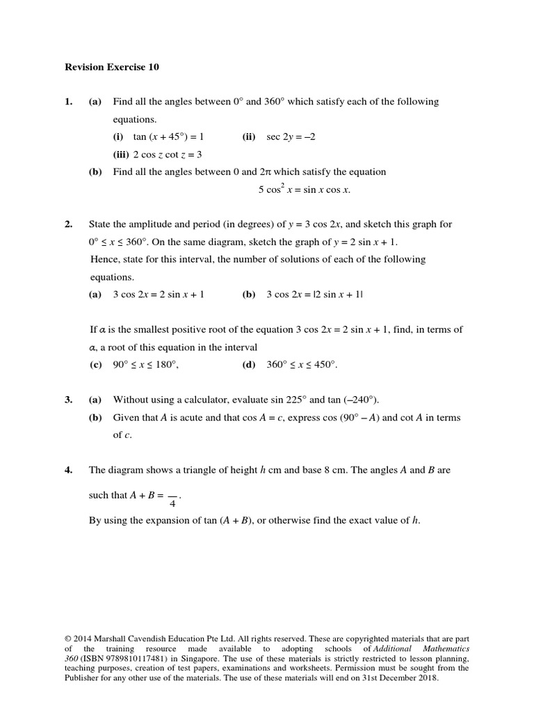 Revision Exercise 10 To 12 Pdf Trigonometric Functions Elementary Mathematics