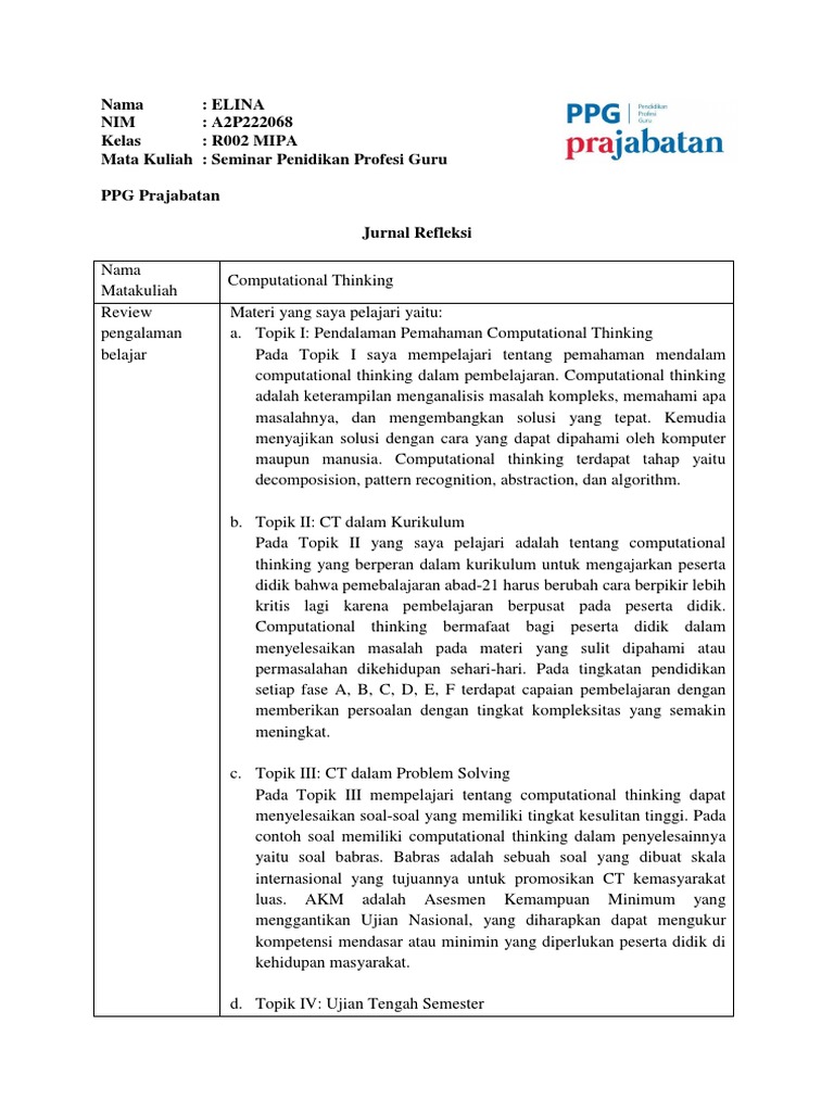 Jurnal Refleksi ELINA Computational Thinking | PDF Jurnal Refleksi ELINA Computational Thinking | PDF