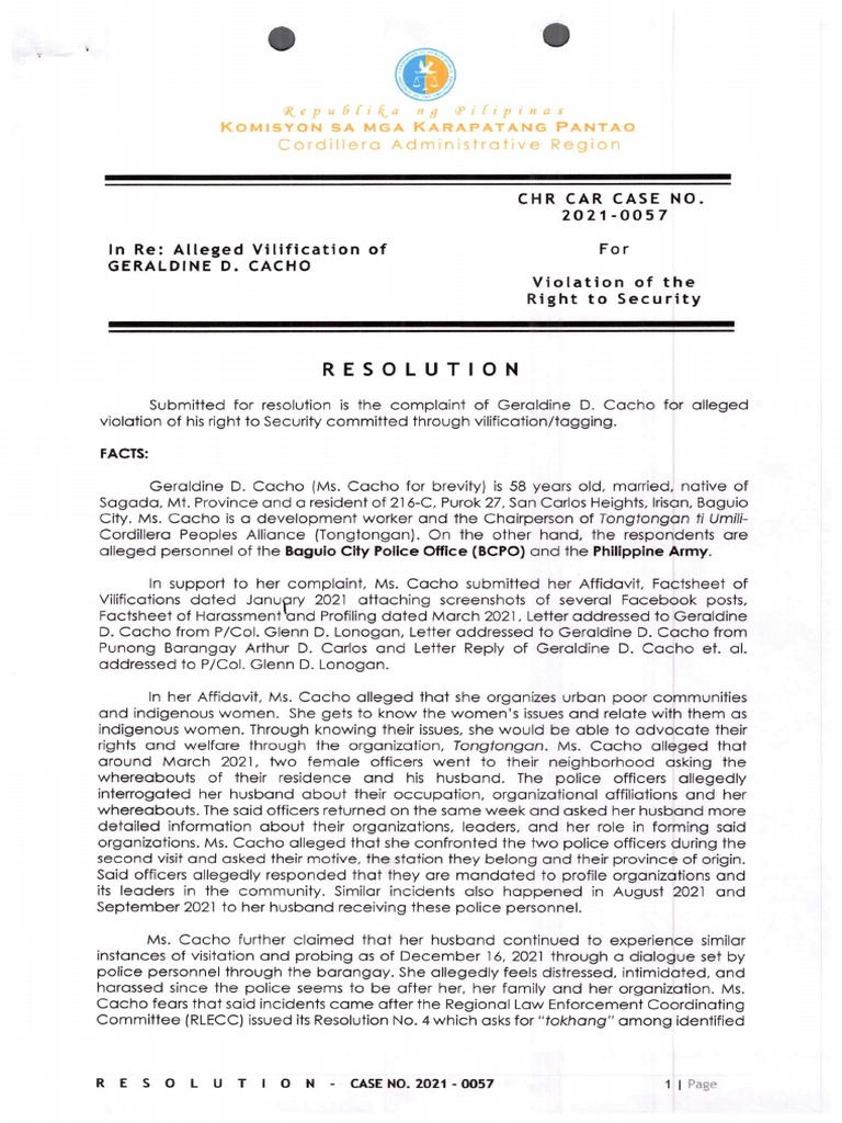 CHR CAR Resolution Geraldine Cacho Case | PDF