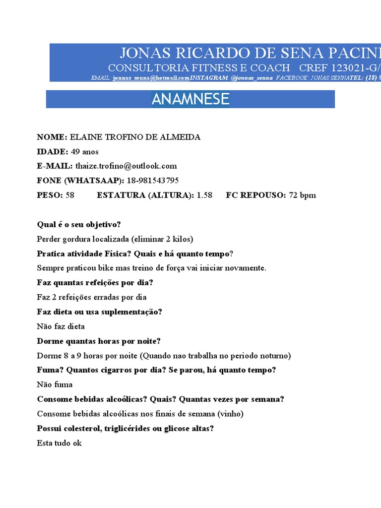 Anamnese Elaine Trofino de Almeida | PDF | Autoajuda | Bem-estar
