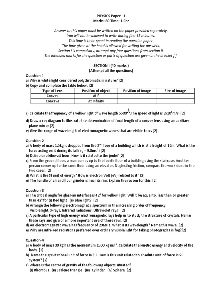 Class 10 ICSE Physics Exam Paper | PDF | Science & Mathematics