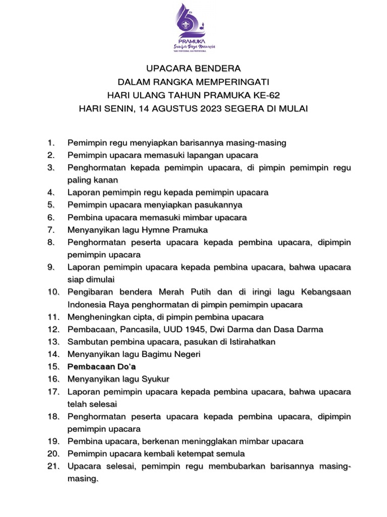Teks Protokol Upacara Hut Pramuka Ke 62 THN 2023 | PDF
