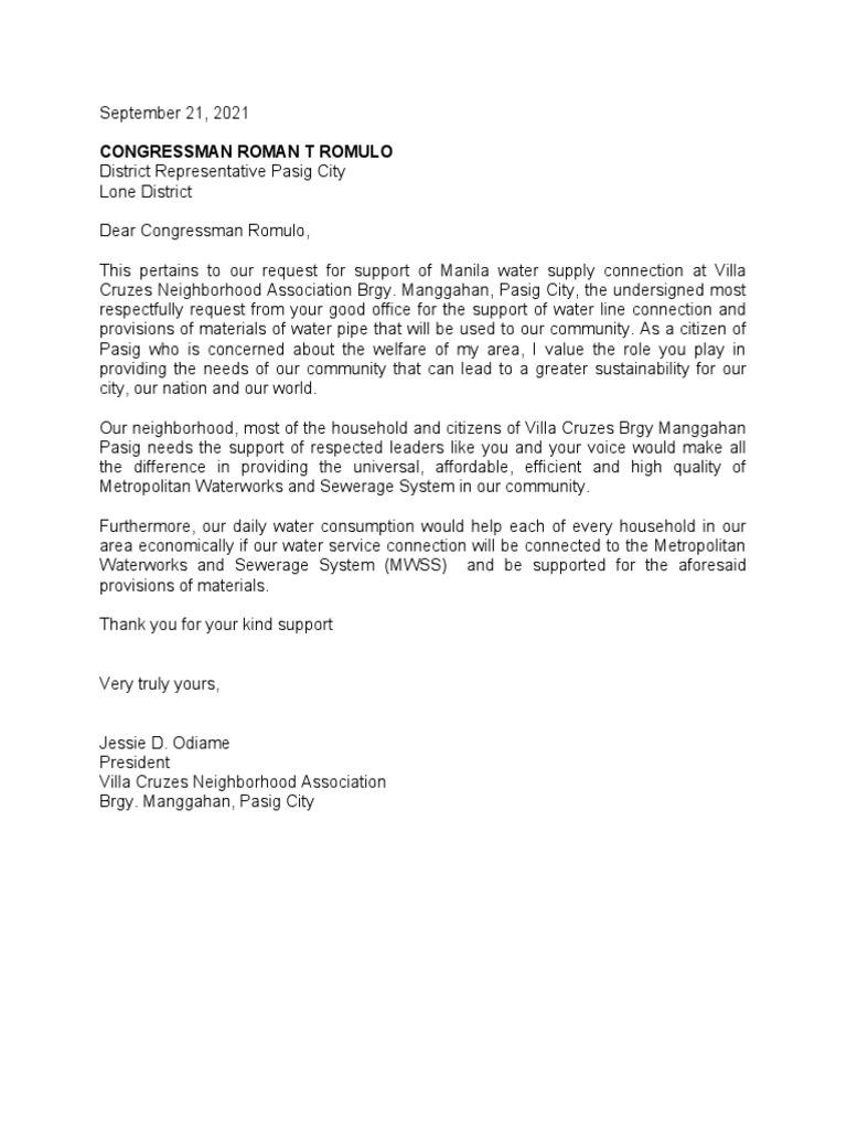 Support for Water Connection in Pasig | PDF