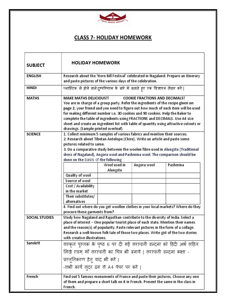 Class 7 - Holiday Homework | PDF