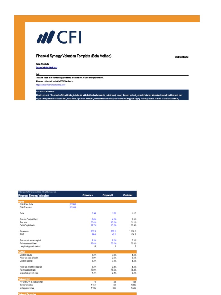 Financial Synergy Valuation Template 1 (2) | PDF | Cost Of Capital ...