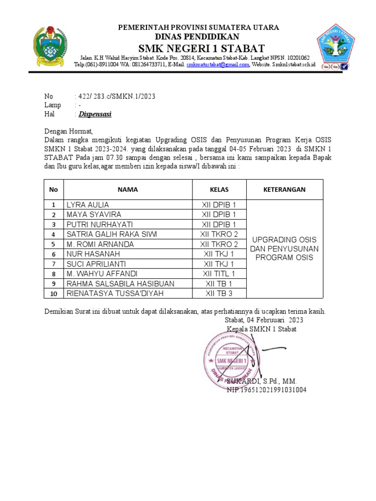 Dispensasi Upgrading OSIS SMKN 1 Stabat | PDF