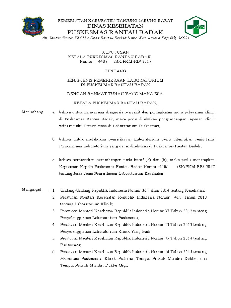 SK TTG JENIS PEMERIKSAAN LABORATORIUM PUSKESMAS | PDF