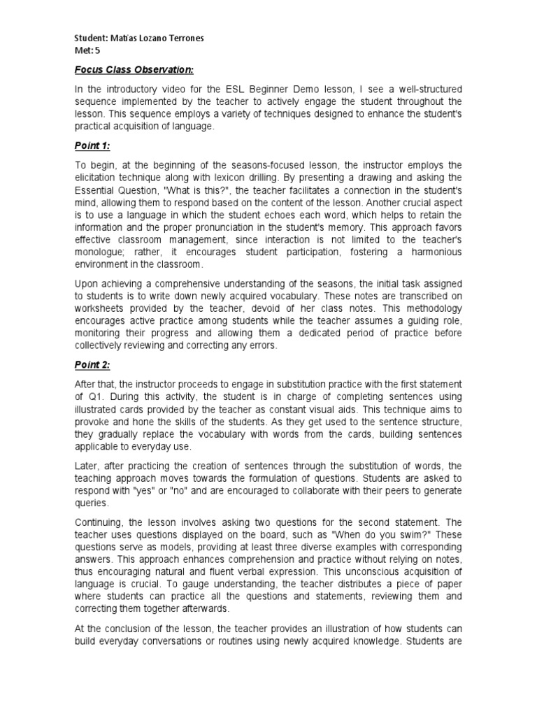 Focus Class Observation - Del Met 5 Sobre El ELT (Curso de Profesor de ...