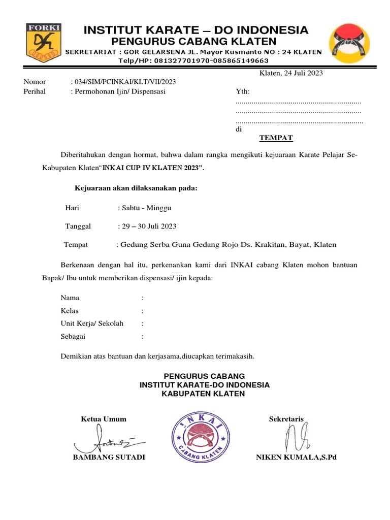 SURAT DISPENSASI Kejuaraan Inkai | PDF