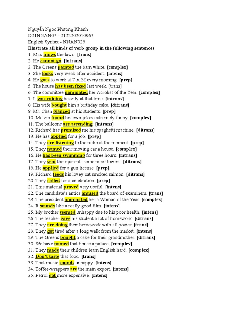 Nguyễn Ngọc Phương Khanh - Syntax Exercise | PDF