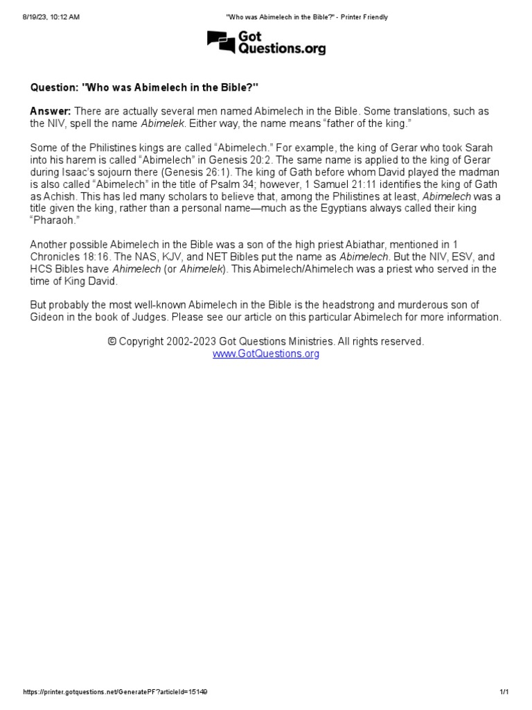 Who Was Abimelech in The Bible - Printer Friendly | PDF