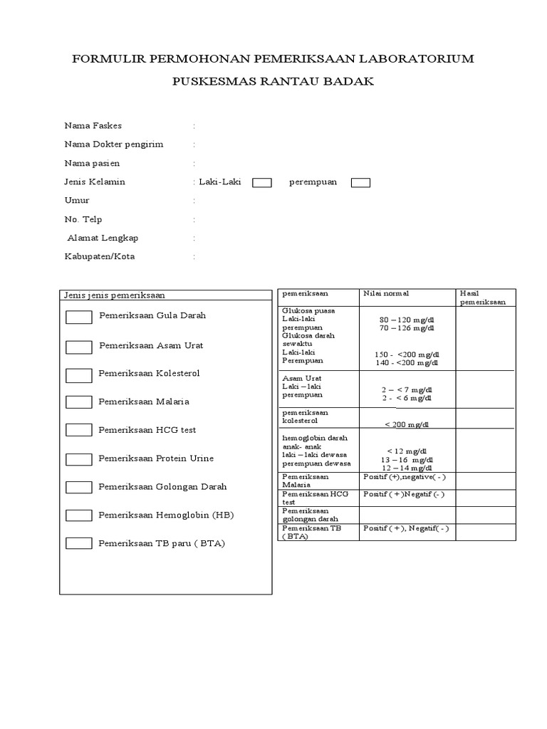 Formulir Pemeriksaan Lab Puskesmas | PDF