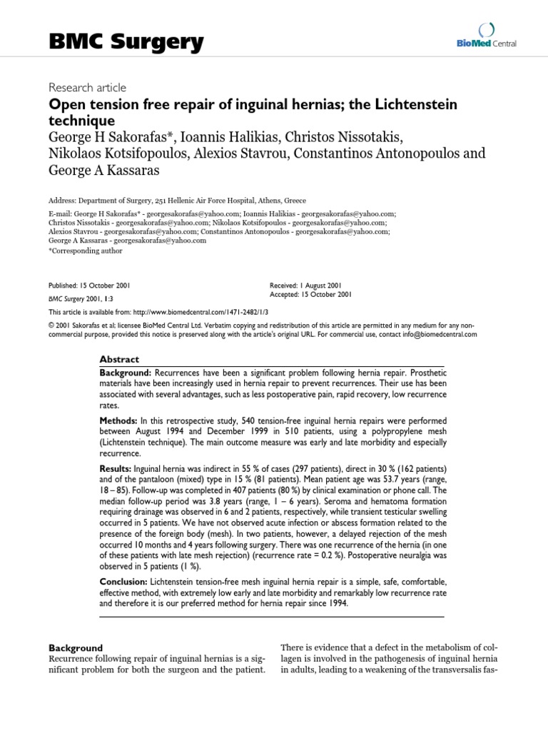 BMC Surgery: Open Tension Free Repair of Inguinal Hernias The ...