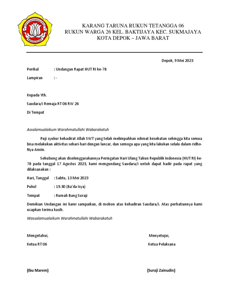 Undangan Rapat Remaja Hut Ri Ke-78 (Kop) | PDF