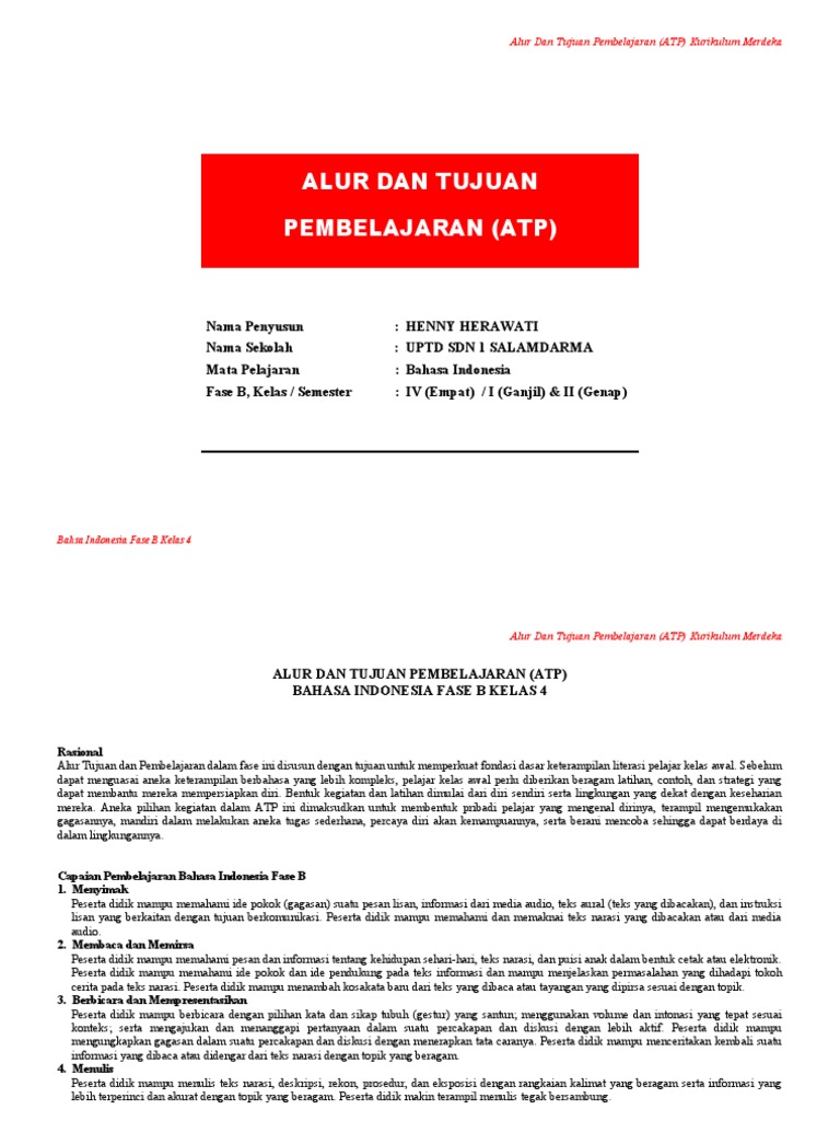 Alur Tujuan Pembelajaran (ATP) Bhs - Indo | PDF