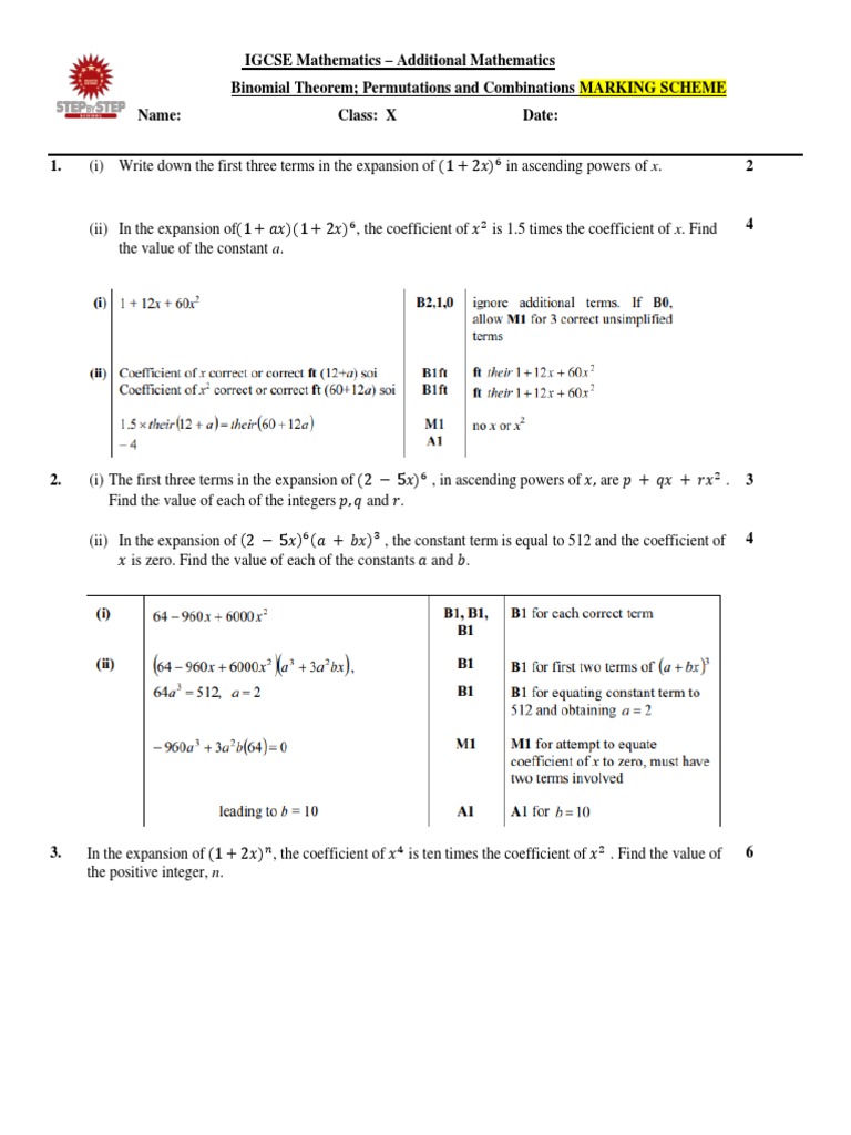 Binomial Theorem P and C Worksheet MARKING SCHEME | PDF | Arithmetic ...