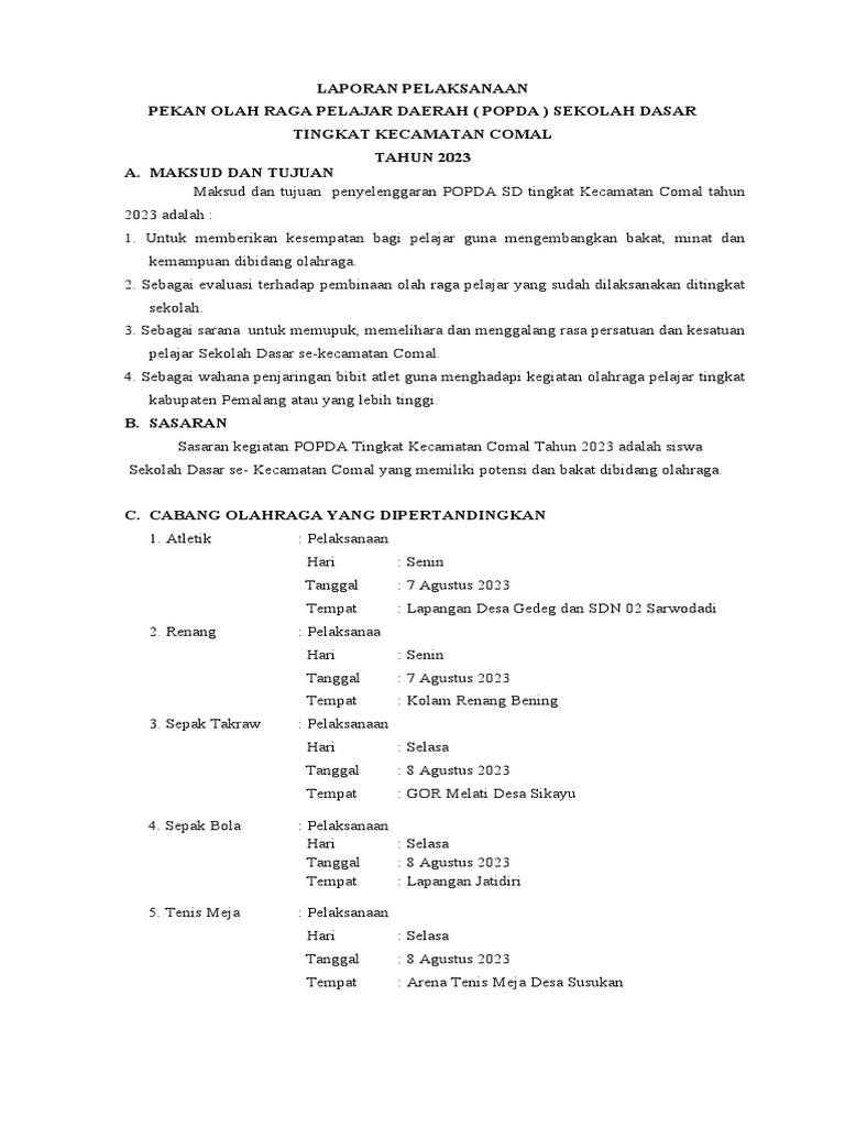 Laporan Pelaksanaan Popda Tahun 2023 | PDF