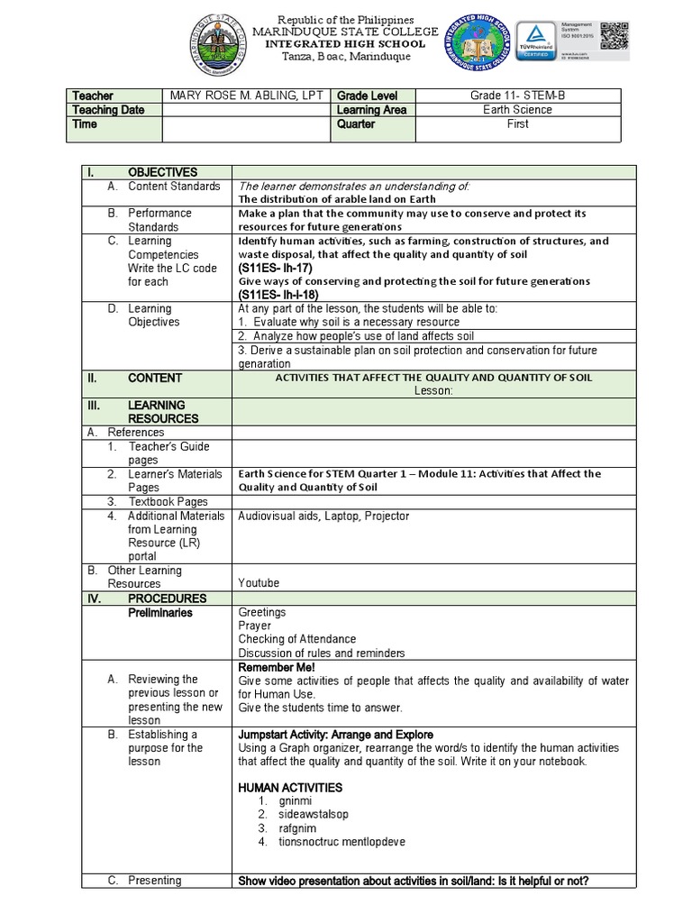 ES - Week 5-ACTIVITIES THAT AFFECT THE QUALITY AND QUANTITY OF SOIL | PDF | Learning | Teachers