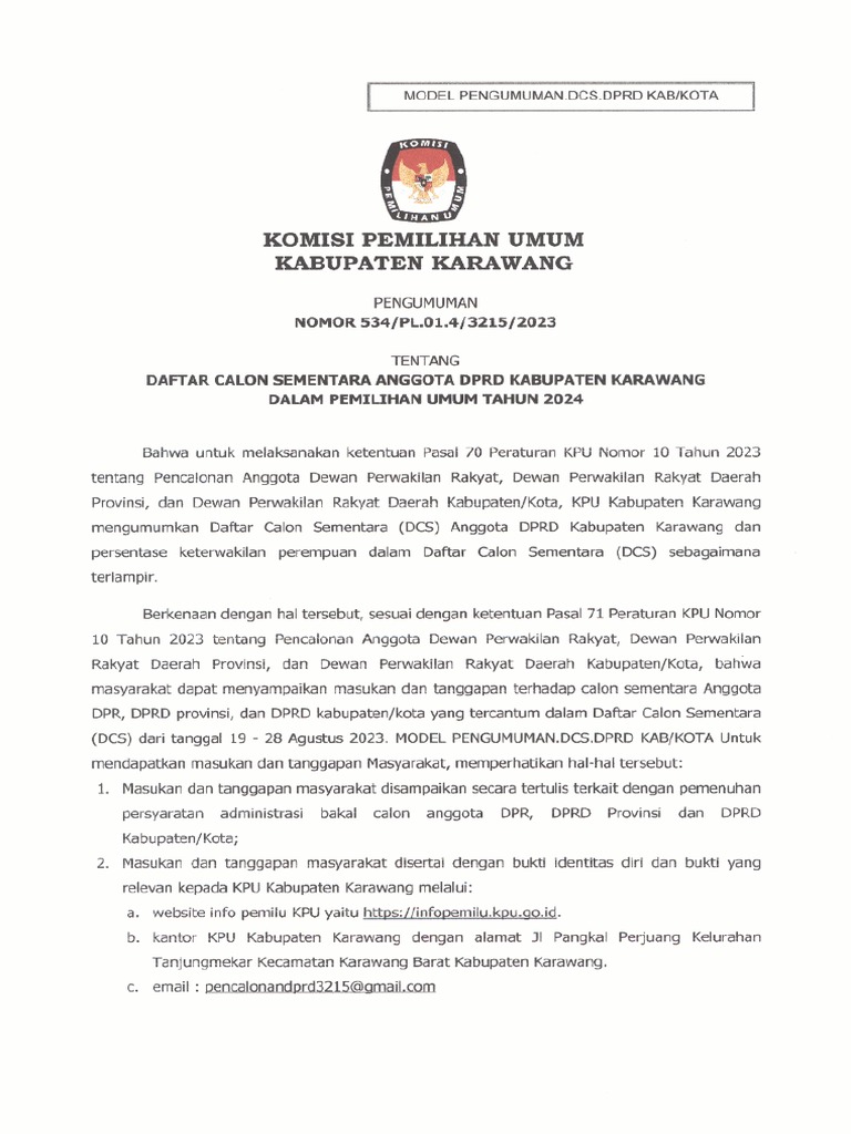 1692361269pengumuman 534 Daftar Calon Sementara Anggota DPRD Karawang Tahun 2024 | PDF