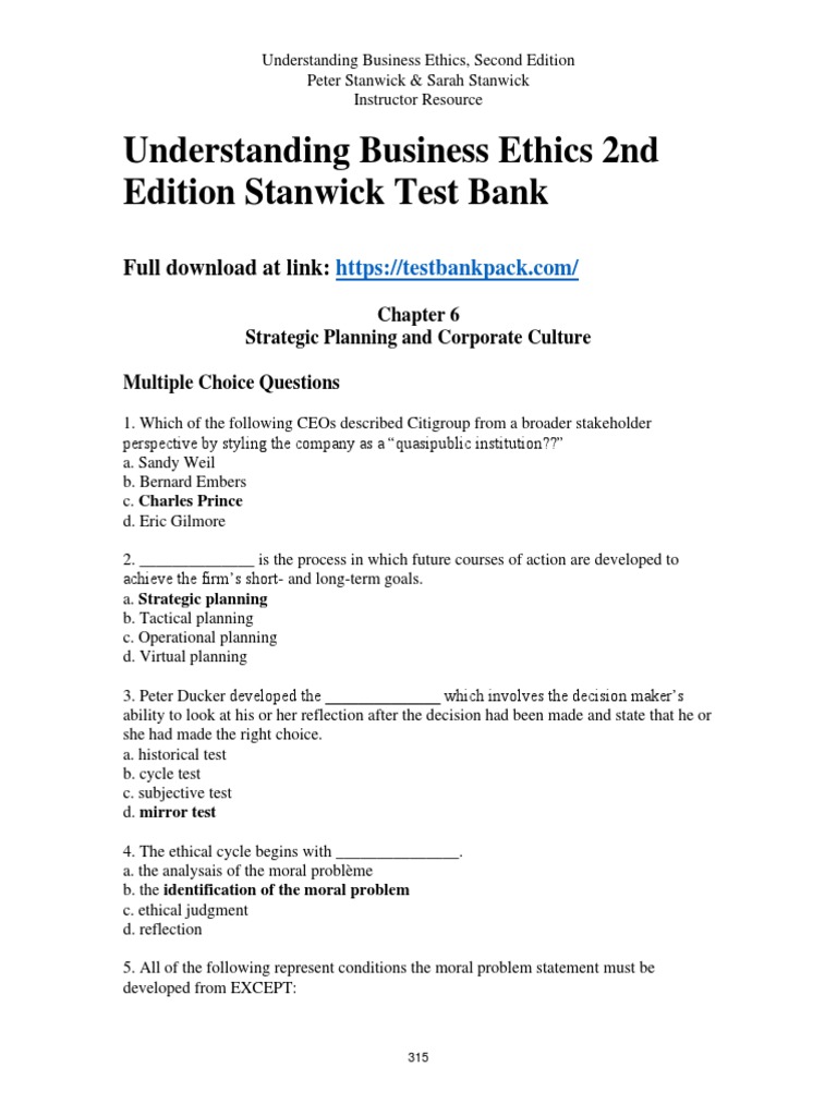 Understanding Business Ethics 2nd Edition Stanwick Test Bank Download | PDF