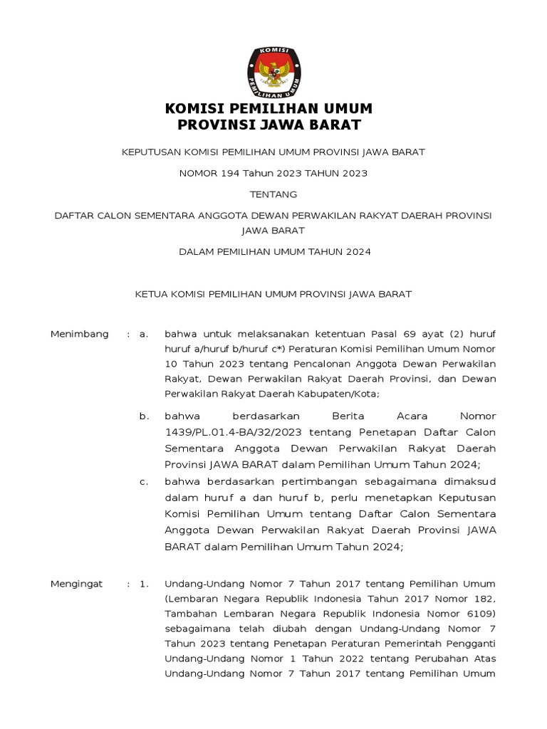 SK Dcs Anggota DPRD Provinsi Jawa Barat Untuk Pemilu Tahun 2024 | PDF