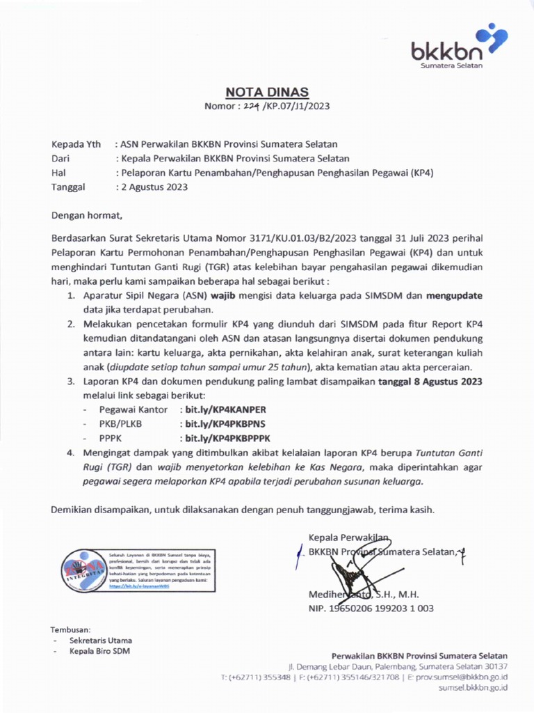 Nota Dinas Pelaporan KP4 | PDF