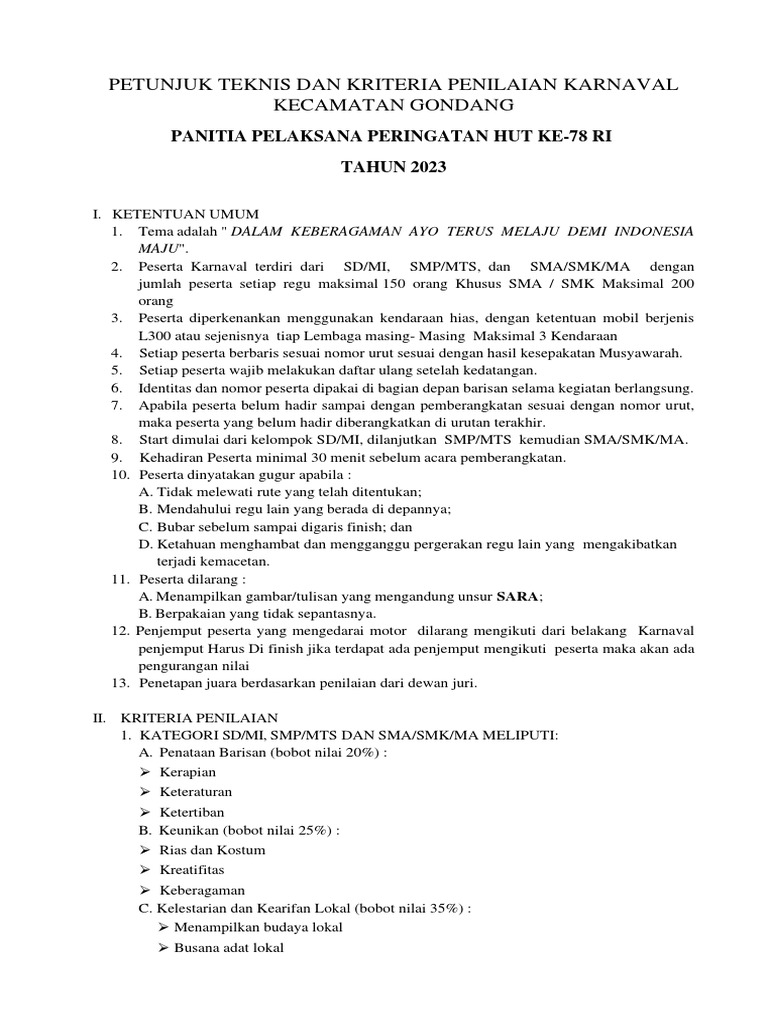 Petunjuk Teknis Dan Kriteria Penilaian Karnaval 2023 | PDF