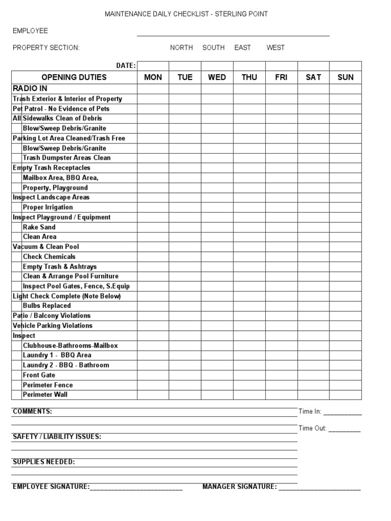Daily Maintenance Checklist Template | PDF | Science & Mathematics