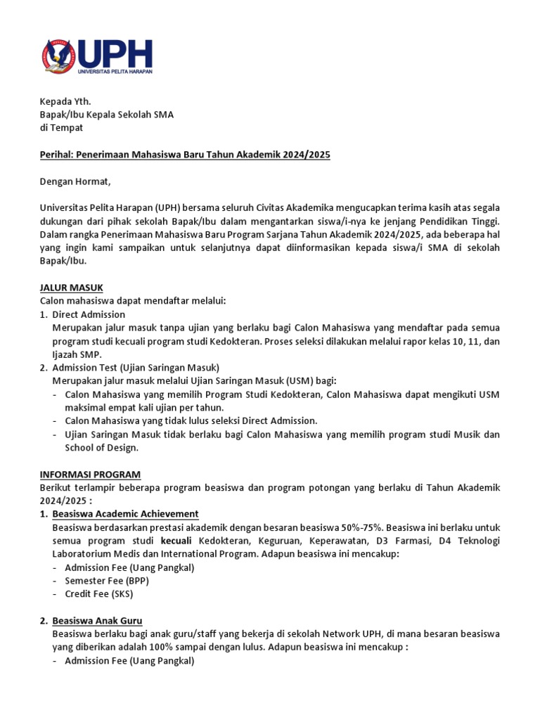 Informasi Penerimaan Mahasiswa Baru UPH TA 2024-2025 (Penabur - 2) - AS | PDF