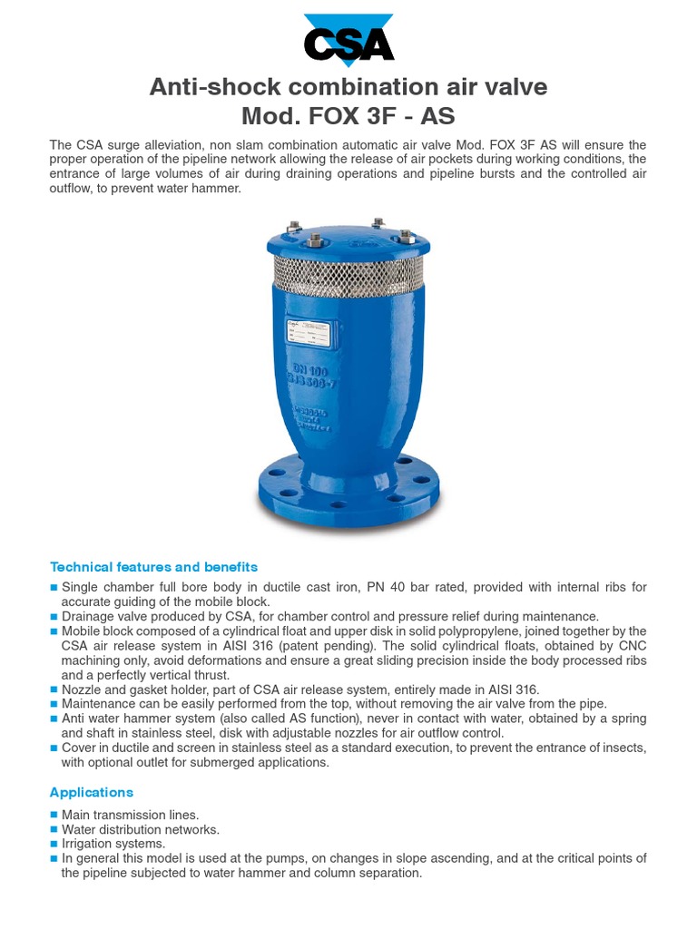 FOX 3F As Water Anti-Slam Air Valve 11.2021 | PDF | Valve | Pipe (Fluid ...