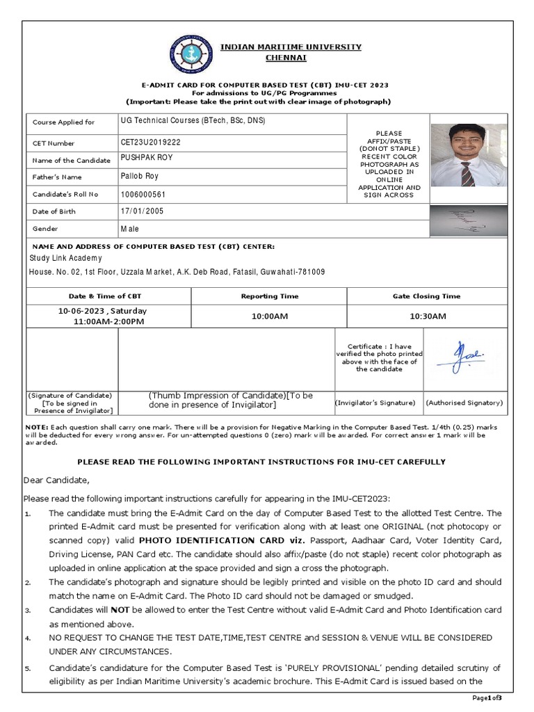 IMU-CET 2023 E-Admit Card Guide | PDF