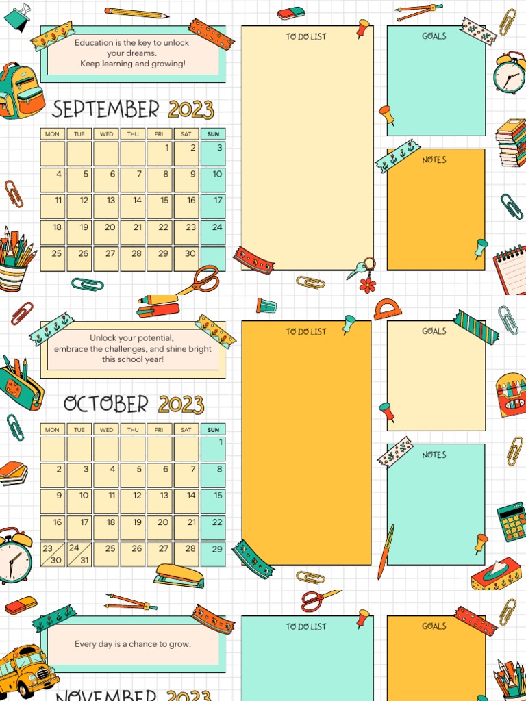 Blue Yellow Colorful Doodle 2023-2024 Years School Cartoon Calendar | PDF