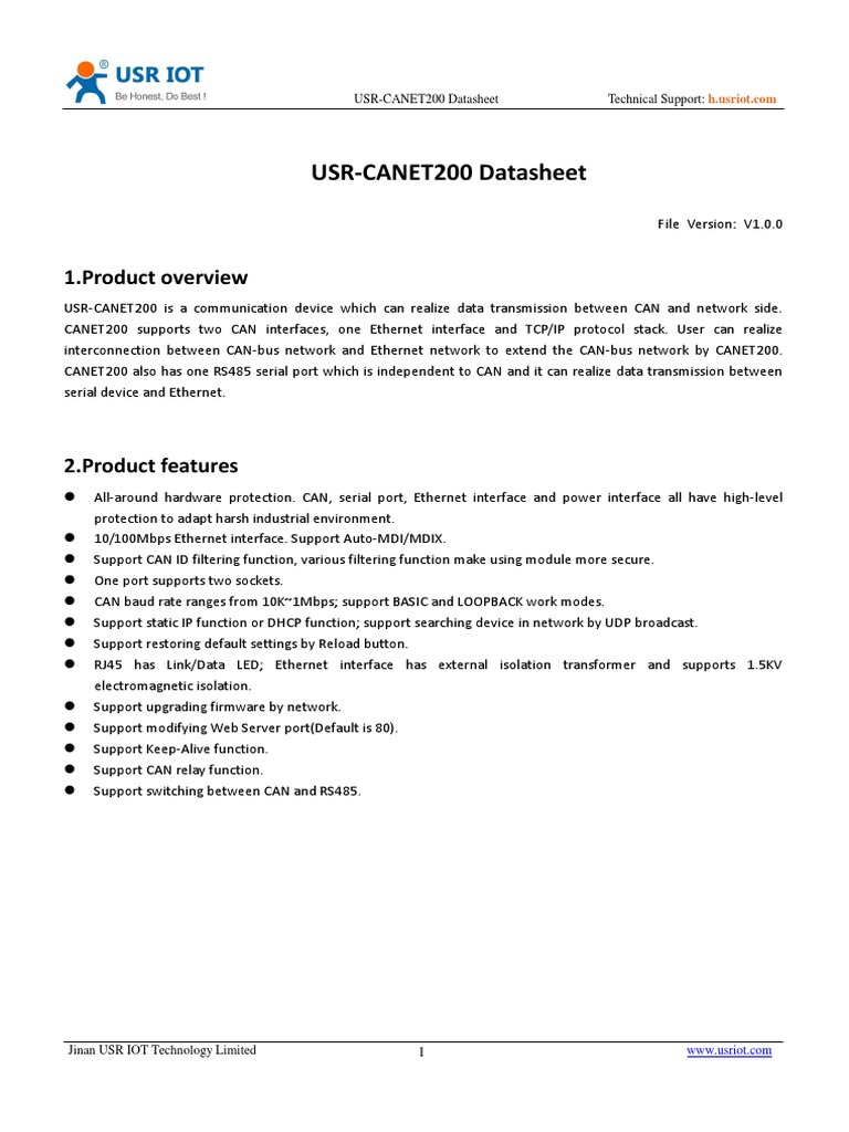 [Datasheet]USR-CANET200-Datasheet_V1.0.0.pdf | PDF