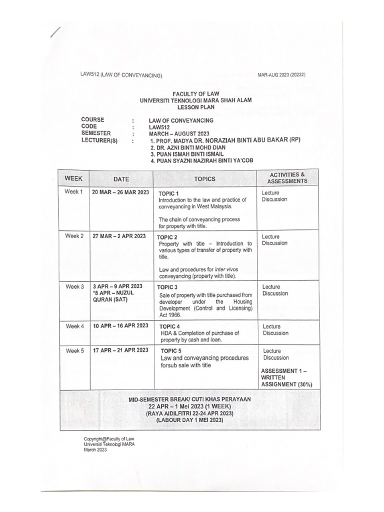Law512 (Law of Conveyancing) - Lesson Plan | PDF