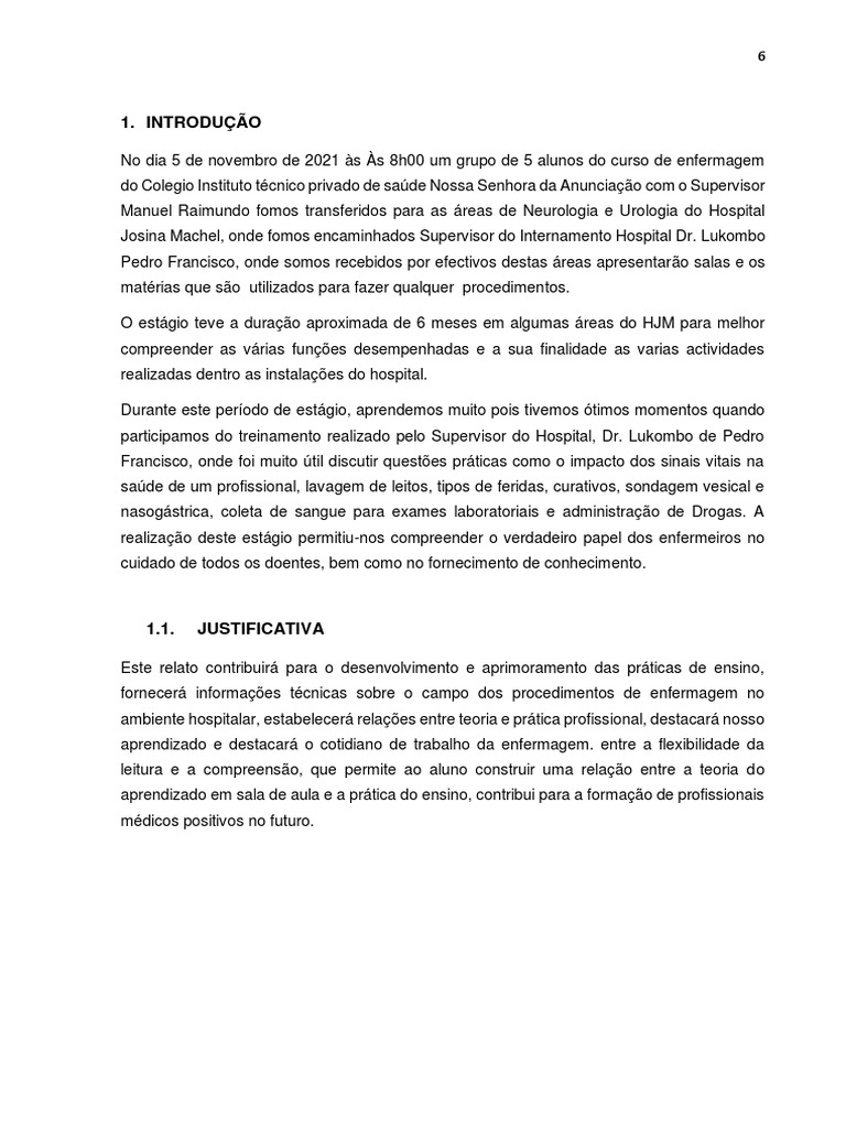 Relato de Estágio em Enfermagem no HJM | PDF | Ciências e Matemática