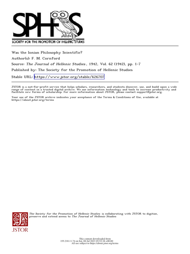 Cornford IonianPhilosophyScientific 1942 | PDF | Social Science