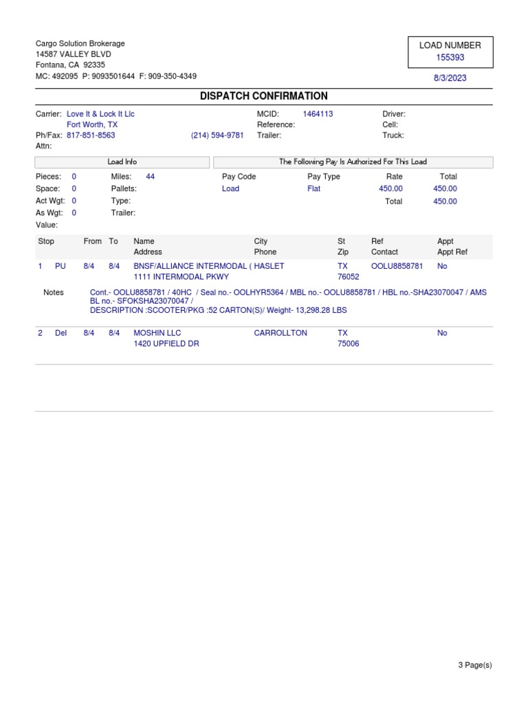 Dispatch Confirmation for Load 155393 | PDF