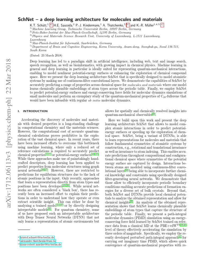 SchNet-a Deep Learning Architecture For Molecules and Materials Research Paper | PDF | Deep ...