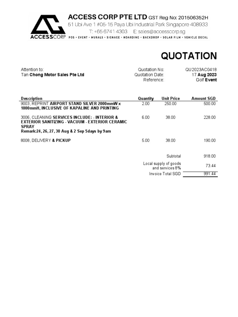 Quote QU2023AC0418 - Tan Chong Motor Sales Pte LTD | PDF