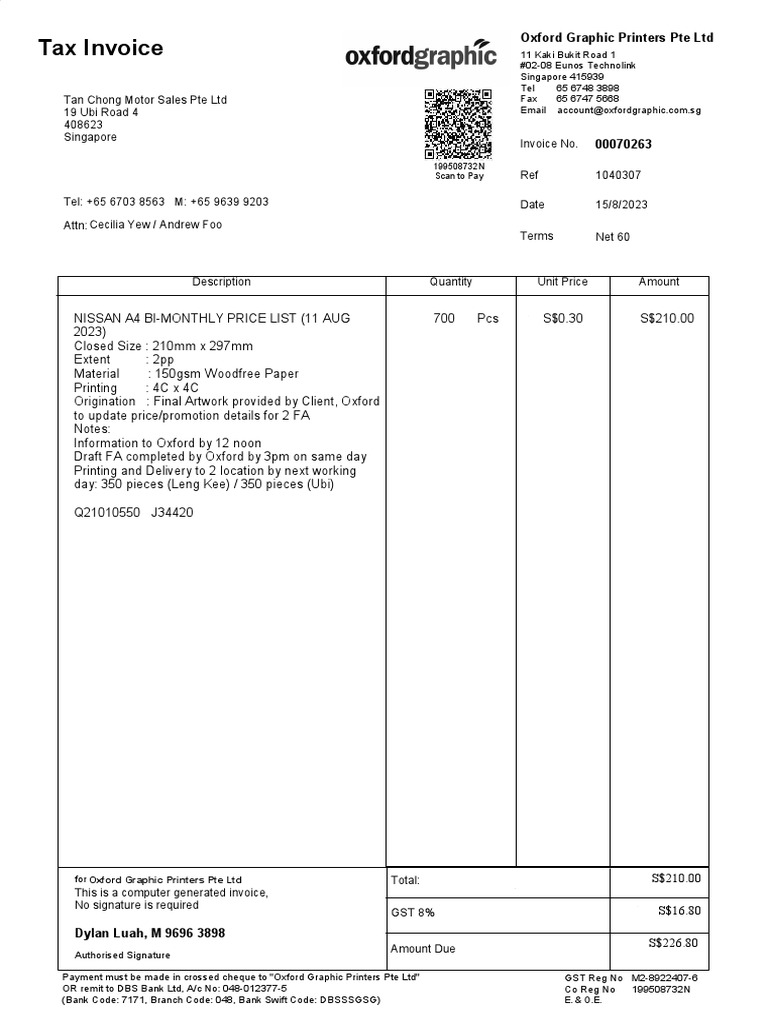 Oxford Graphic Printers Invoice Details | PDF