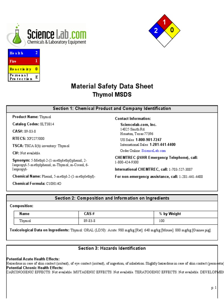 Msds THYMOL | PDF | Water | Personal Protective Equipment