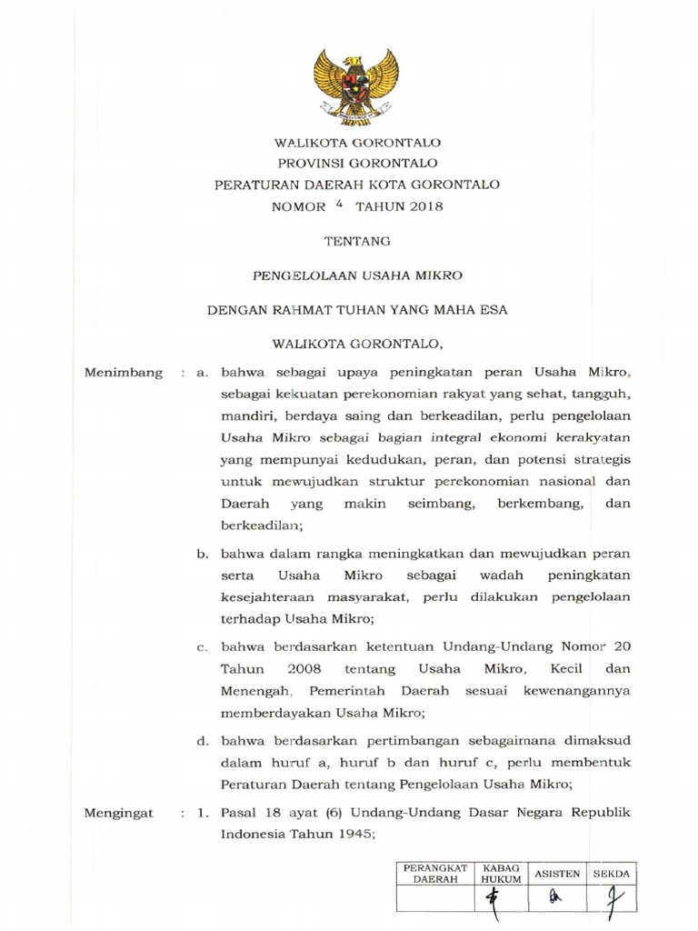 PERDA Kota Gorontalo No 4 TH 2018 TTG Pengelolaan Usaha Mikro | PDF