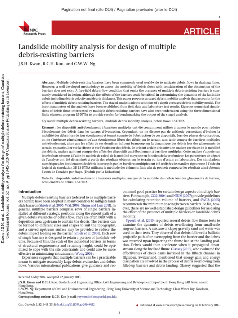 Kwan Et Al (2015) - Landslide Mobility Analysis For Design of Multiple Debris Resisting Barriers ...