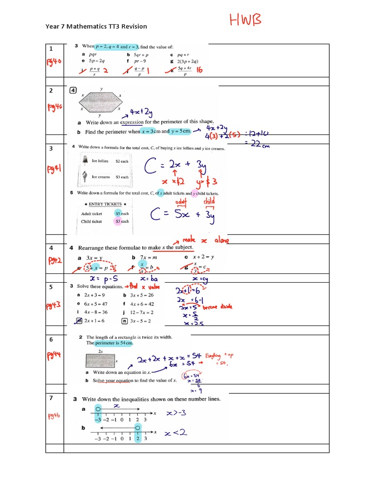 Year 7 Mathematics TT Revision | PDF