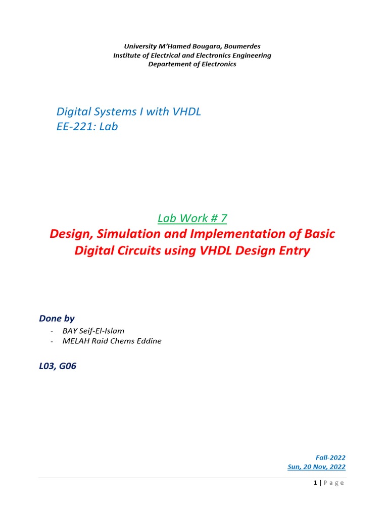 Lab - 7, Design, Simulation and Implementation of Basic Digital Circuits Using VHDL Design Entry ...