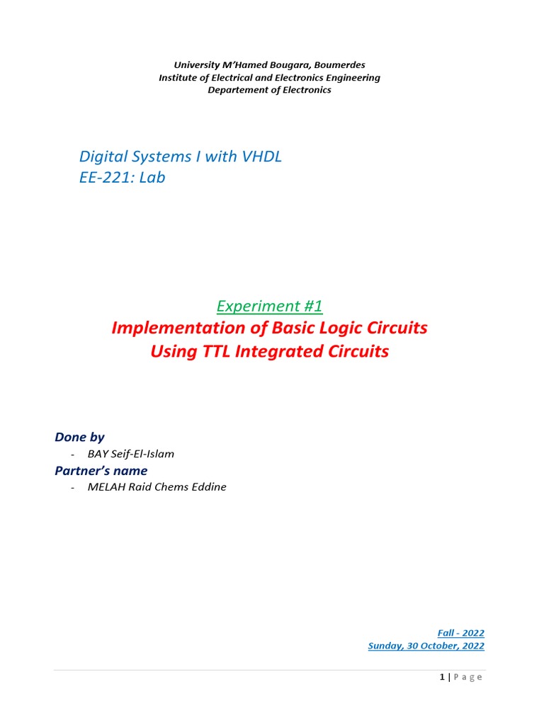 Experiment#1, Implementation of Basic Logic Circuits | PDF