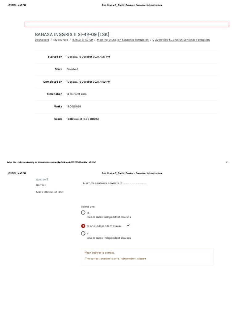 Quiz Review 5 - English Sentence Formation - Attempt Review | PDF ...